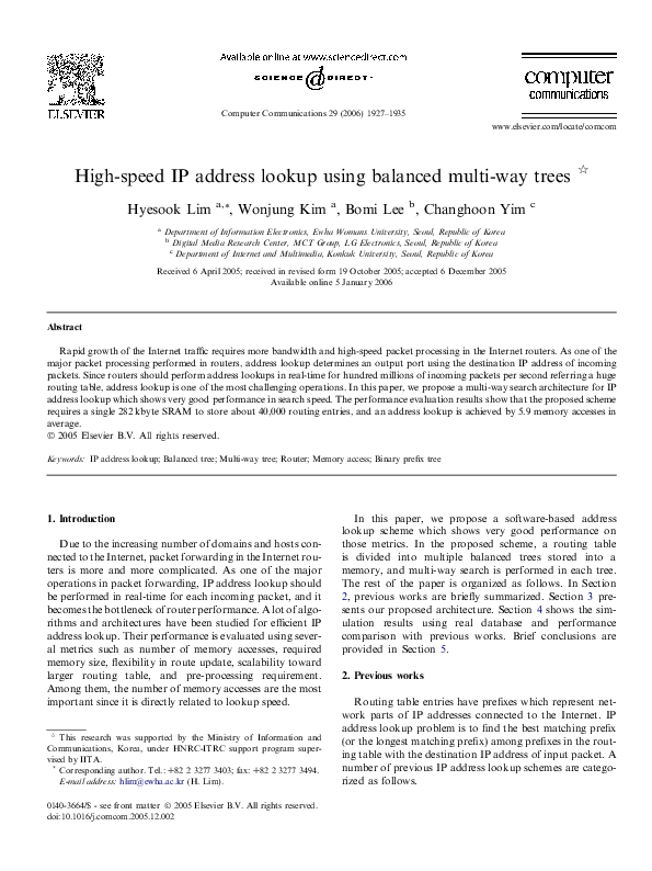 (PDF) High-speed IP address lookup using balanced multi-way trees | Changhoon Yim - Academia.edu
