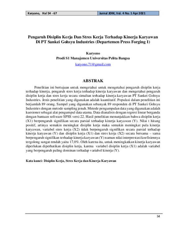 (PDF) Pengaruh Disiplin Kerja Dan Stres Kerja Terhadap Kinerja Karyawan ...