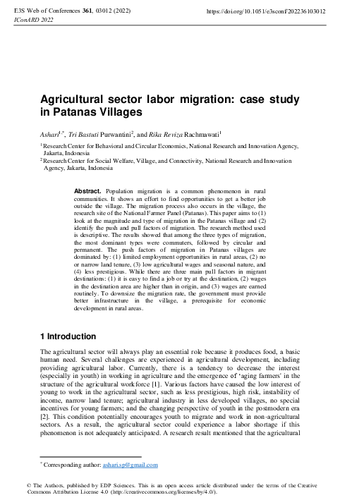 (PDF) Agricultural sector labor migration: case study in Patanas Villages