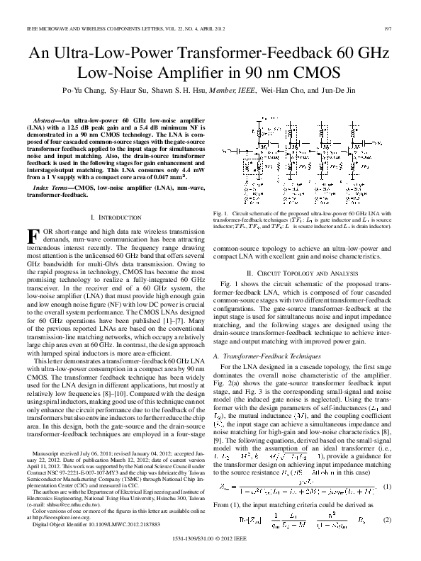 (PDF) An Ultra-Low-Power Transformer-Feedback 60 GHz Low-Noise Amplifier in 90 nm CMOS