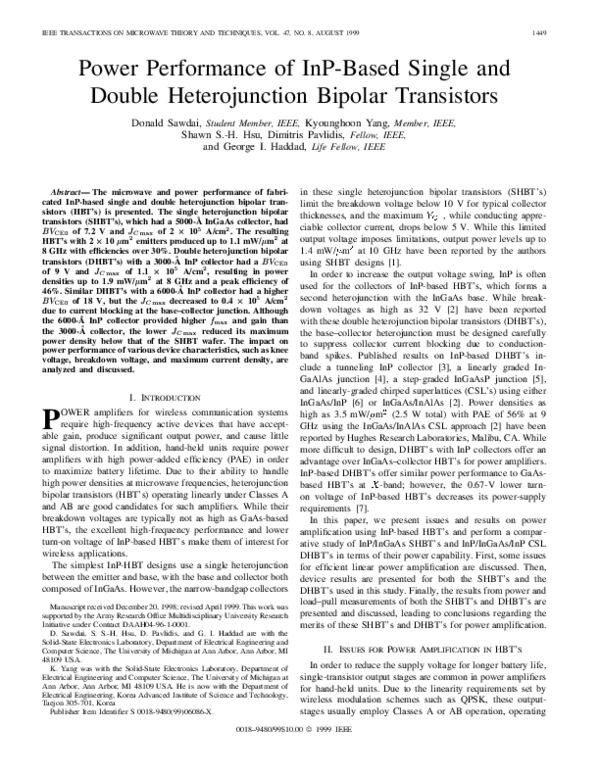 (PDF) Power performance of InP-based single and double heterojunction bipolar transistors