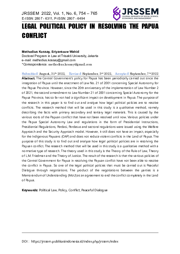 (PDF) Legal Political Policy In Resolving The Papua Conflict