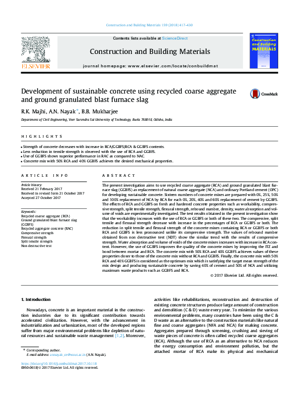 (PDF) Development of sustainable concrete using recycled coarse ...