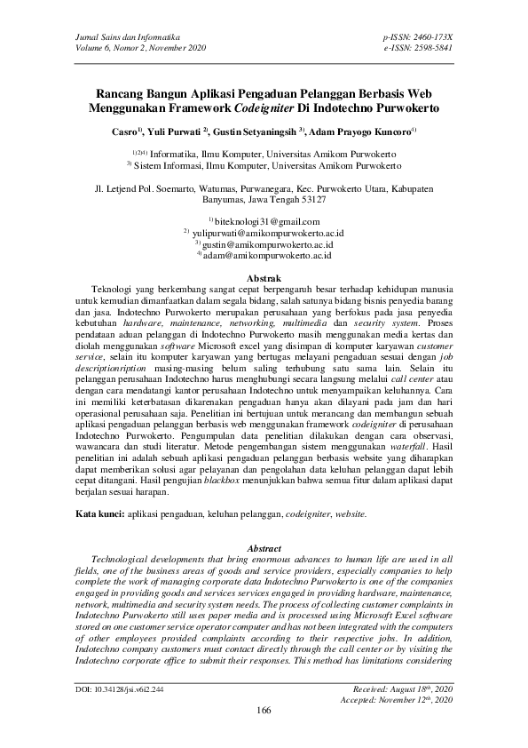 (PDF) Rancang Bangun Aplikasi Pengaduan Pelanggan Berbasis Web Menggunakan Framework Codeigniter ...