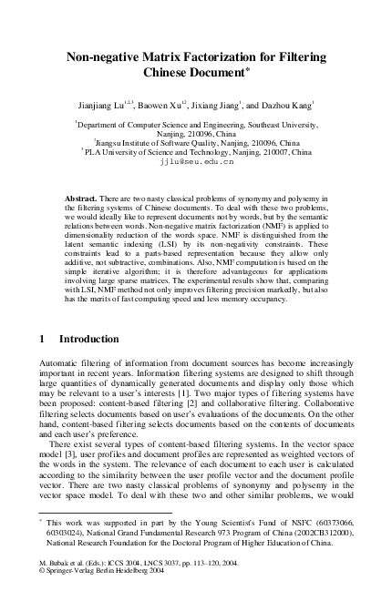 Pdf Non Negative Matrix Factorization For Filtering Chinese Document