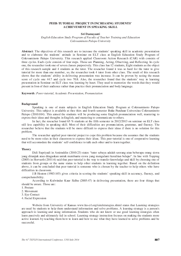 (PDF) Peer-Tutorial Project in Increasing Students' Achievement in Speaking Skill | 28 Sri ...