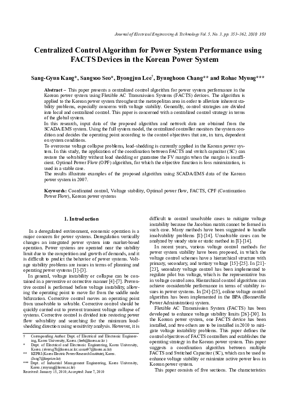 Pdf Centralized Control Algorithm For Power System Performance Using