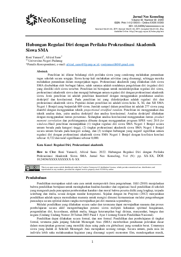 (PDF) Hubungan Regulasi Diri dengan Perilaku Prokrastinasi Akademik Siswa SMA