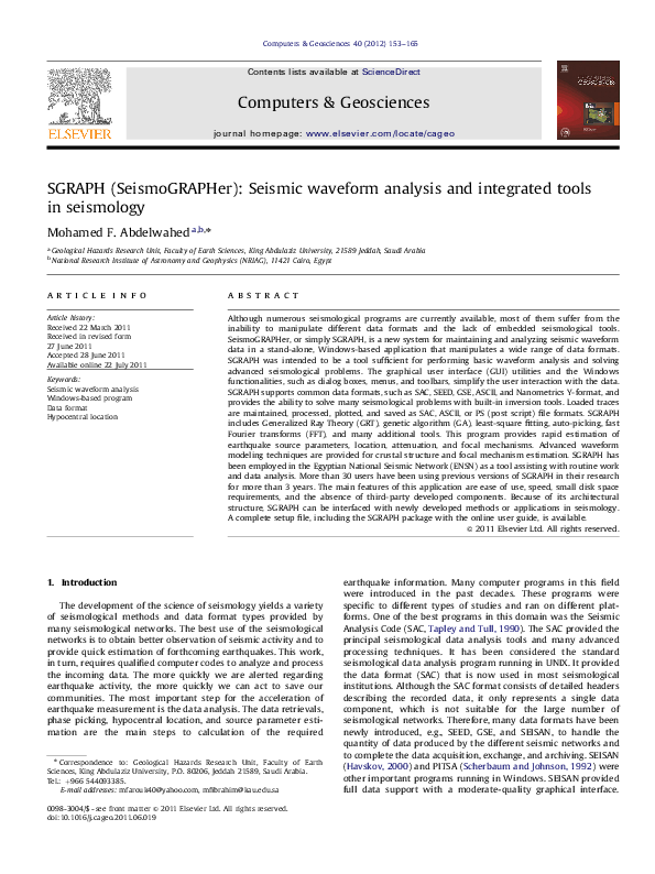(PDF) SGRAPH (SeismoGRAPHer): Seismic waveform analysis and integrated ...