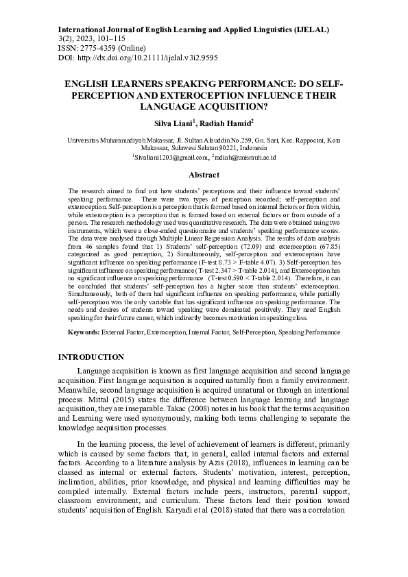 (PDF) English Learners Speaking Performance: Do Self-Perception and ...