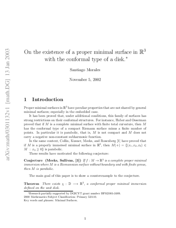 (PDF) On the existence of a proper minimal surface in $R^3$ with the ...