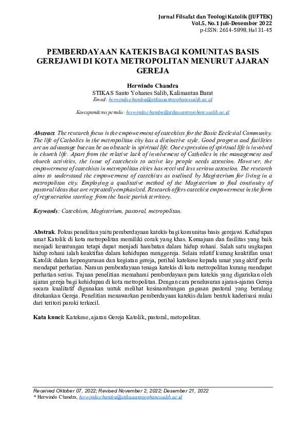 (PDF) Pemberdayaan Katekis Bagi Komunitas Basis Gerejawi DI Kota ...