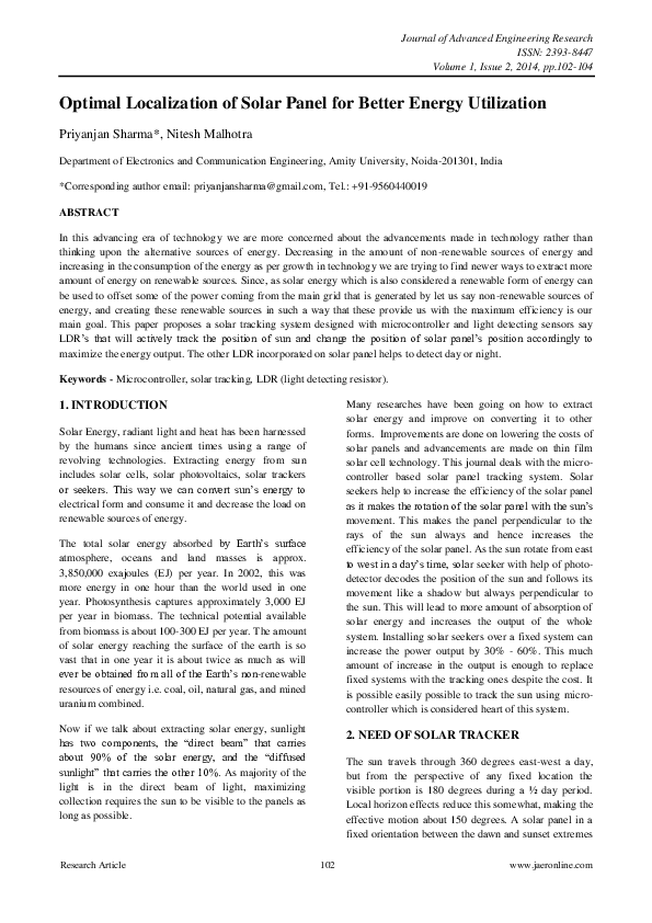 (PDF) Optimal Localization of Solar Panel for Better Energy Utilization