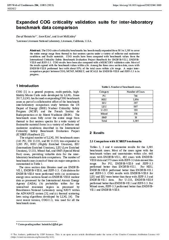 Pdf Expanded Cog Criticality Validation Suite For Inter Laboratory Benchmark Data Comparison