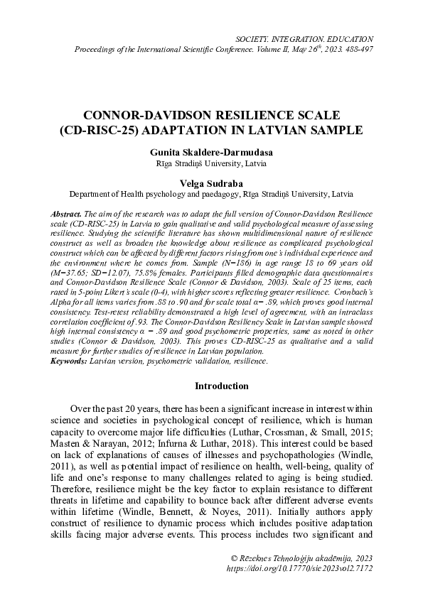 (PDF) Connor-Davidson Resilience Scale (CD-RISC-25) Adaptation in Latvian Sample