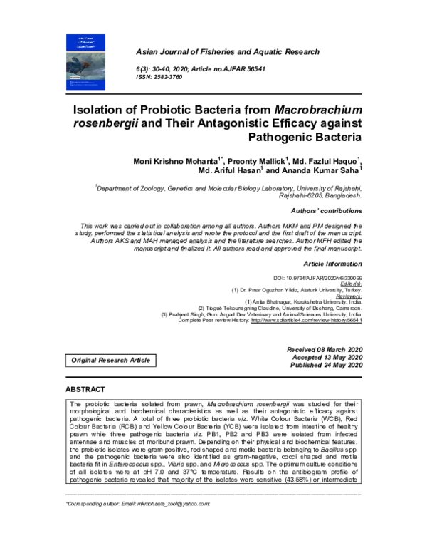 (PDF) Isolation of Probiotic Bacteria from Macrobrachium rosenbergii and Their Antagonistic ...