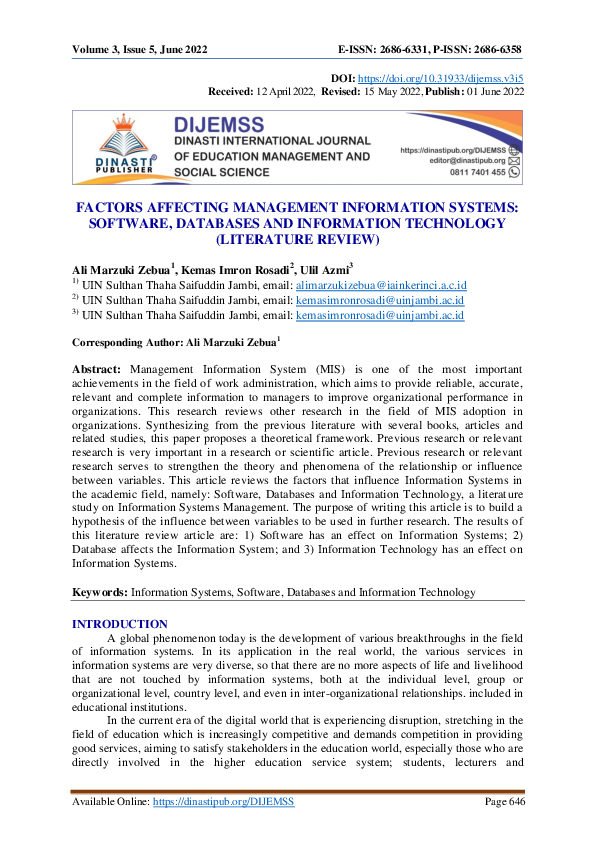 (PDF) Factors Affecting Management Information Systems: Software, Databases and Information ...