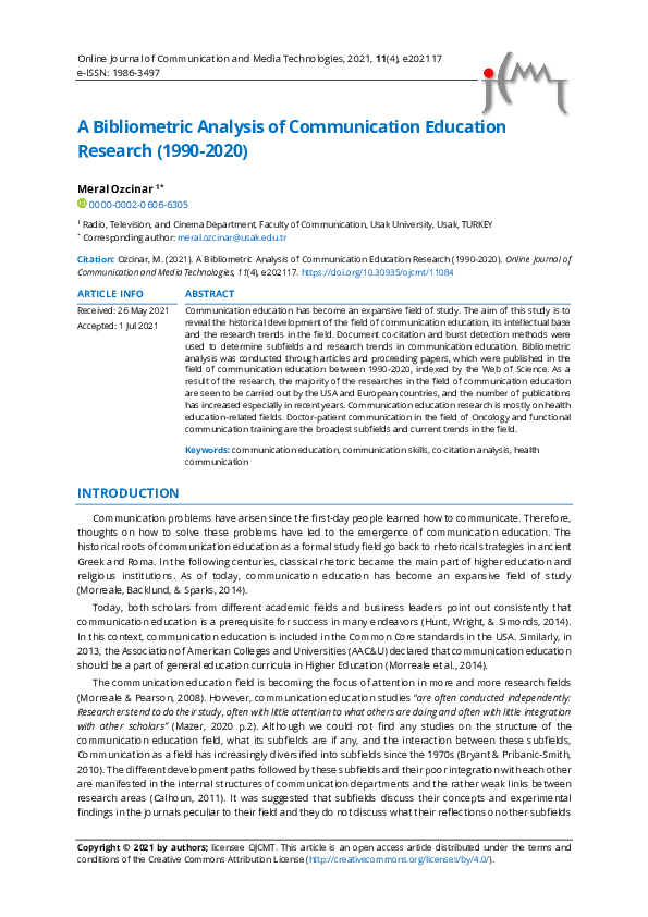 (PDF) A Bibliometric Analysis of Communication Education Research (1990 ...