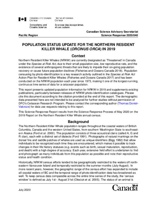 (PDF) Population Status Update for the Northern Resident