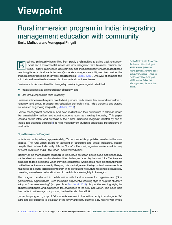 (PDF) Rural immersion program in India: integrating management ...