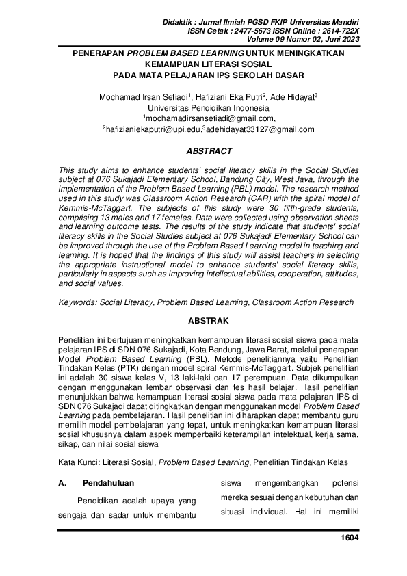 (PDF) Penerapan Problem Based Learning Untuk Meningkatkan Kemampuan Literasi Sosial Pada Mata ...