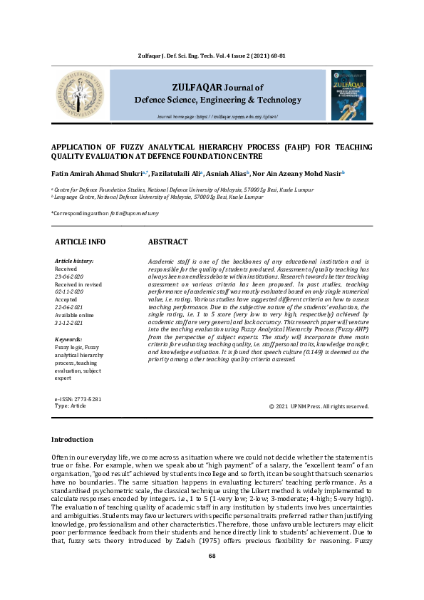 (PDF) APPLICATION OF FUZZY ANALYTICAL HIERARCHY PROCESS (FAHP) FOR TEACHING QUALITY EVALUATION ...
