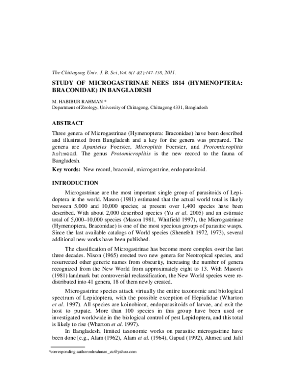 (PDF) Study of Microgastrinae Nees 1814 (Hymenoptera: Braconidae) in ...