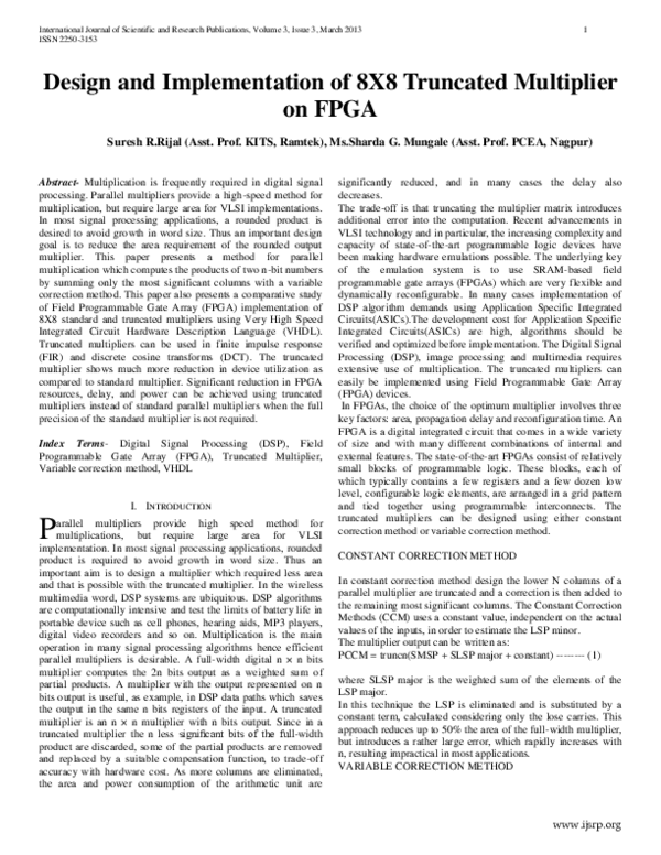 (PDF) Design and Implementation of 8X8 Truncated Multiplier on FPGA