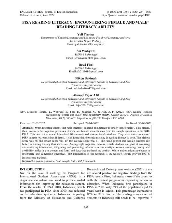 (PDF) Pisa Reading Literacy: Encountering Female and Male’ Reading ...