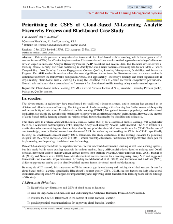 (PDF) Prioritizing the CSFS of Cloud-Based M-Learning Analytic Hierarchy Process and Blackboard ...