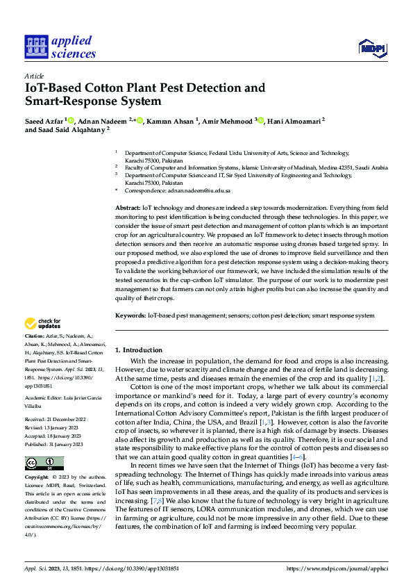 Pdf Iot Based Cotton Plant Pest Detection And Smart Response System