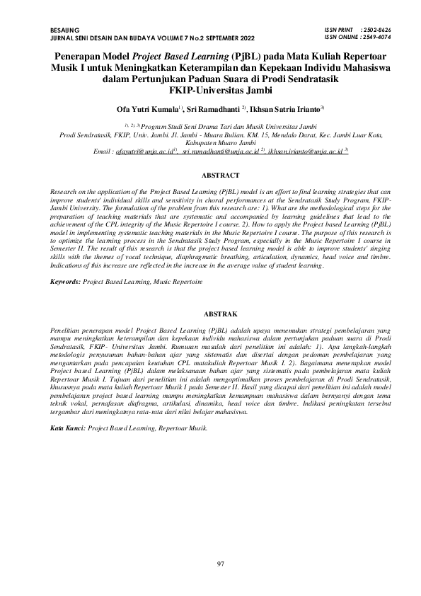 (PDF) Penerapan Model Project Based Learning (PjBL) pada Mata Kuliah Repertoar Musik I untuk ...