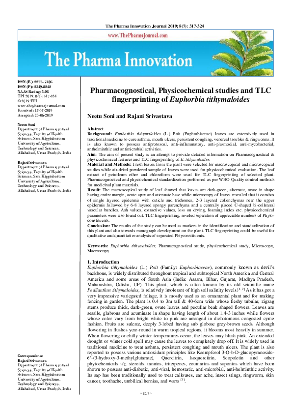 (PDF) Pharmacognostical, Physicochemical studies and TLC fingerprinting ...