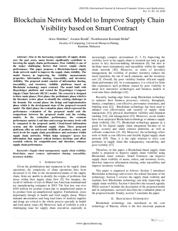 (PDF) Blockchain Network Model to Improve Supply Chain Visibility based on Smart Contract