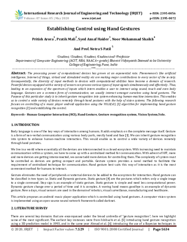 (PDF) Establishing Control using Hand Gestures