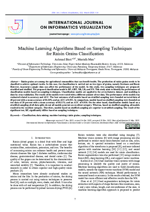 (PDF) Machine Learning Algorithms Based on Sampling Techniques for Raisin Grains Classification
