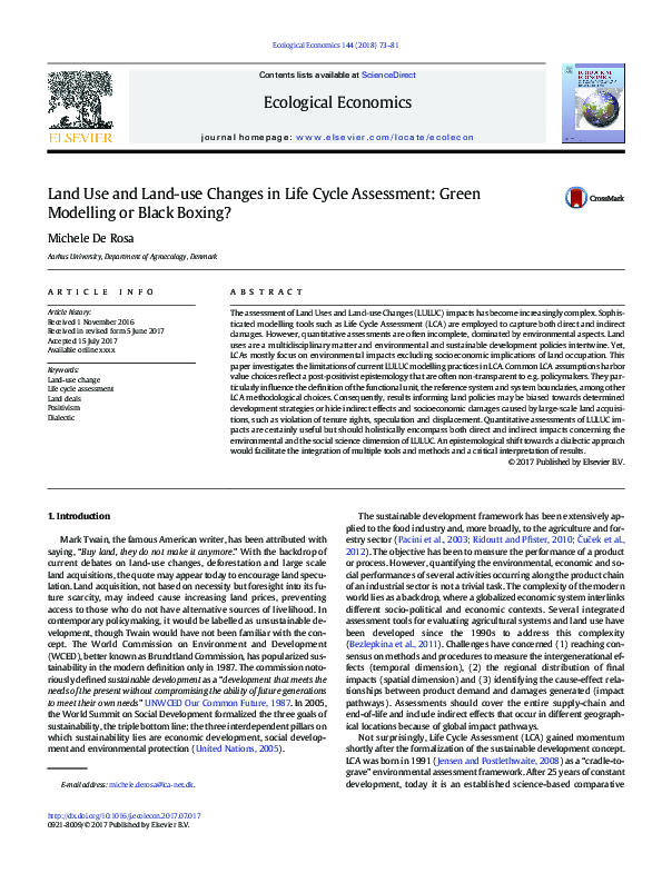 (PDF) Land Use and Land-use Changes in Life Cycle Assessment: Green Modelling or Black Boxing?