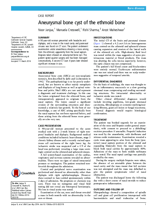 (PDF) Aneurysmal bone cyst of the ethmoid bone