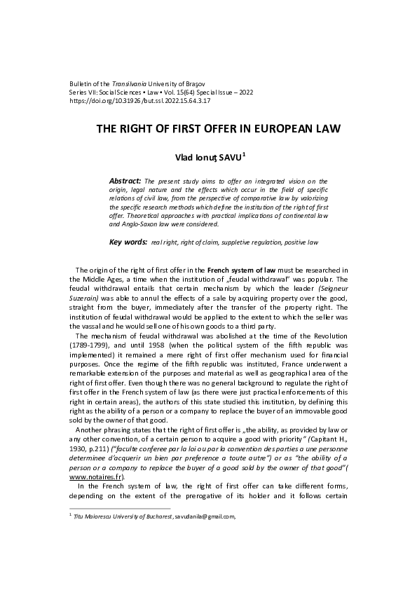 (PDF) The Right of First Offer in European Law