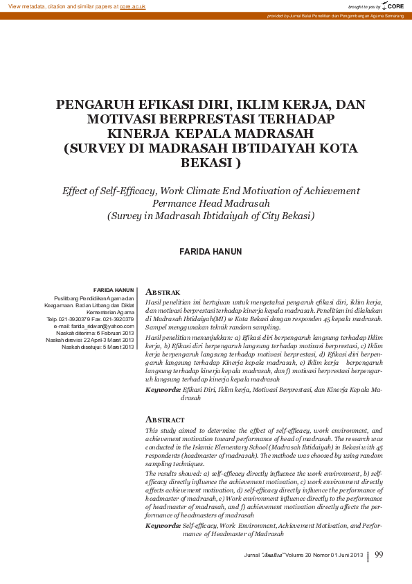 (PDF) Pengaruh Efikasi Diri, Iklim Kerja, dan Motivasi Berprestasi Terhadap Kinerja Kepala ...