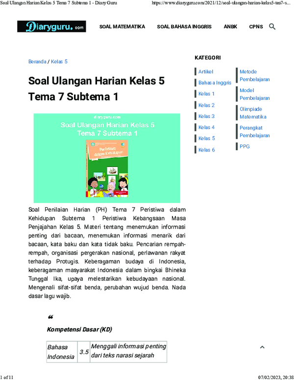 (PDF) Soal Penilaian Harian (PH) Tema 7 Peristiwa dalam | Hotel User - Academia.edu