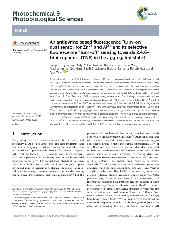 (PDF) An antipyrine based fluorescence “turn-on” dual sensor for Zn2+ and Al3+ and its selective ...