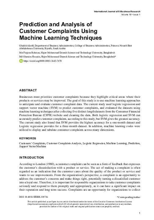 (PDF) Prediction and Analysis of Customer Complaints Using Machine ...
