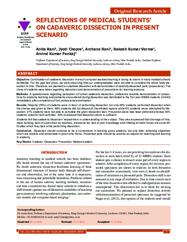 (PDF) Reflections of Medical Students’ on Cadaveric Dissection in ...