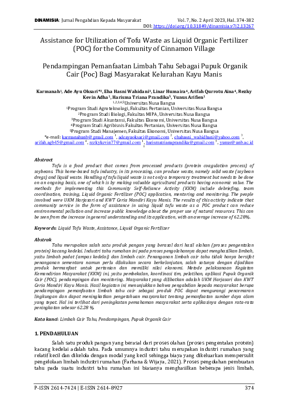 (PDF) Pendampingan Pemanfaatan Limbah Tahu Sebagai Pupuk Organik Cair (Poc) Bagi Masyarakat ...
