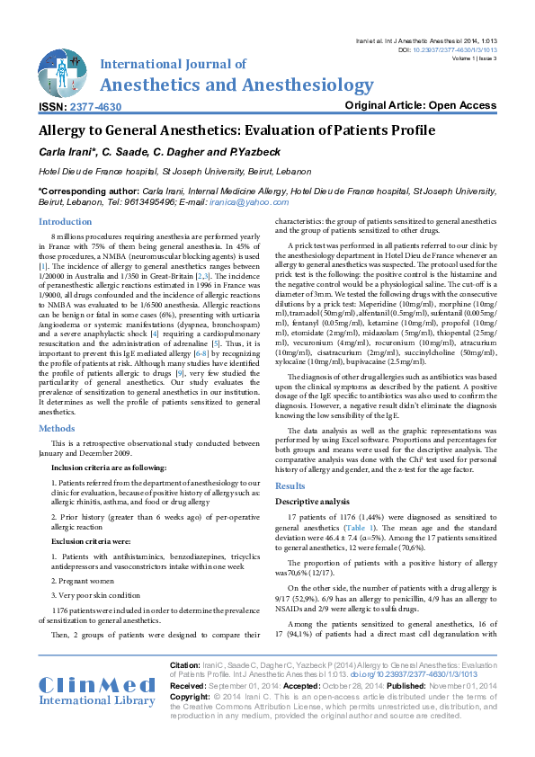 (PDF) Allergy to General Anesthetics: Evaluation of Patients Profile