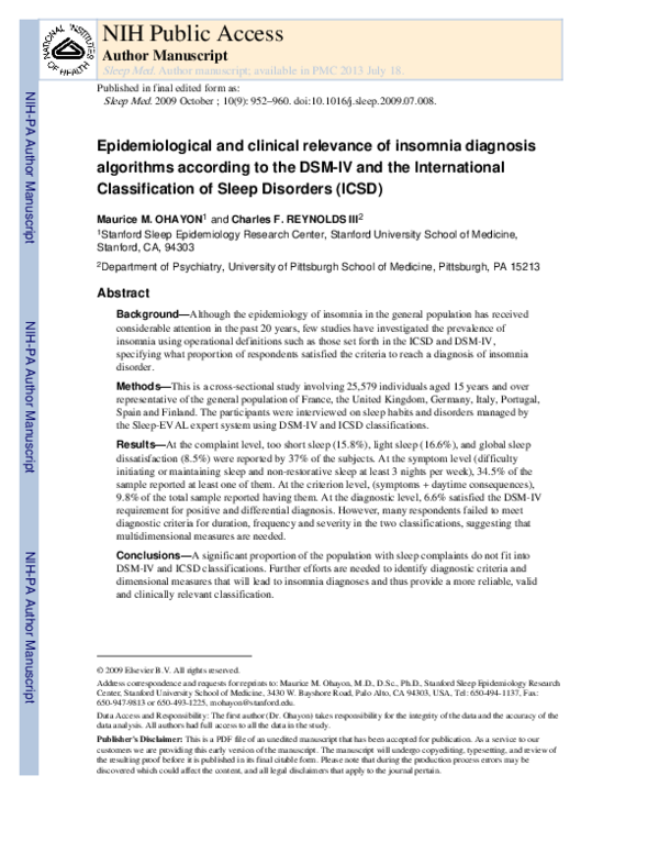 (PDF) Epidemiological and clinical relevance of insomnia diagnosis ...