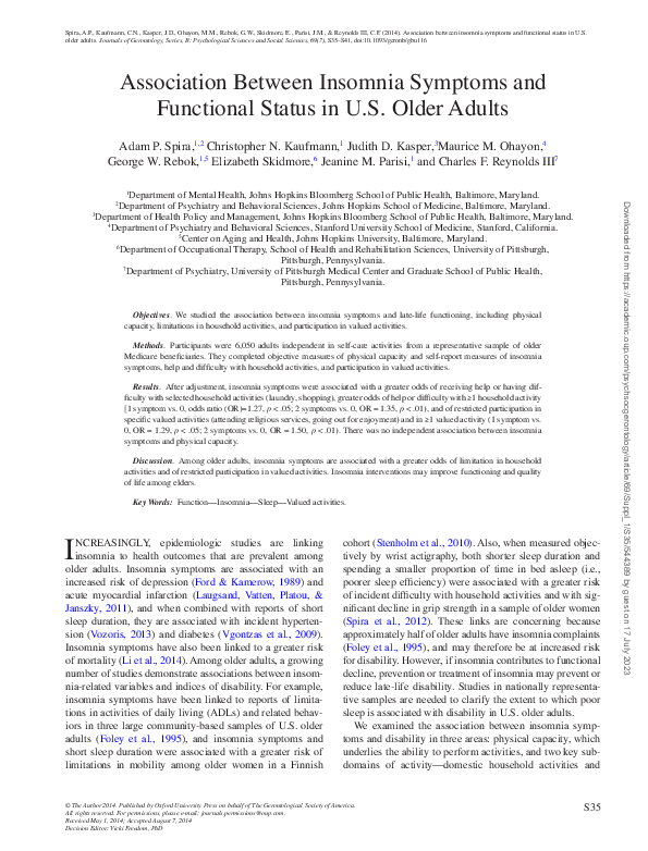 (PDF) Association between insomnia symptoms and functional status in U ...