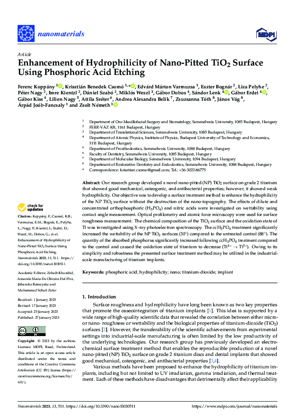 (PDF) Enhancement of Hydrophilicity of Nano-Pitted TiO2 Surface Using ...