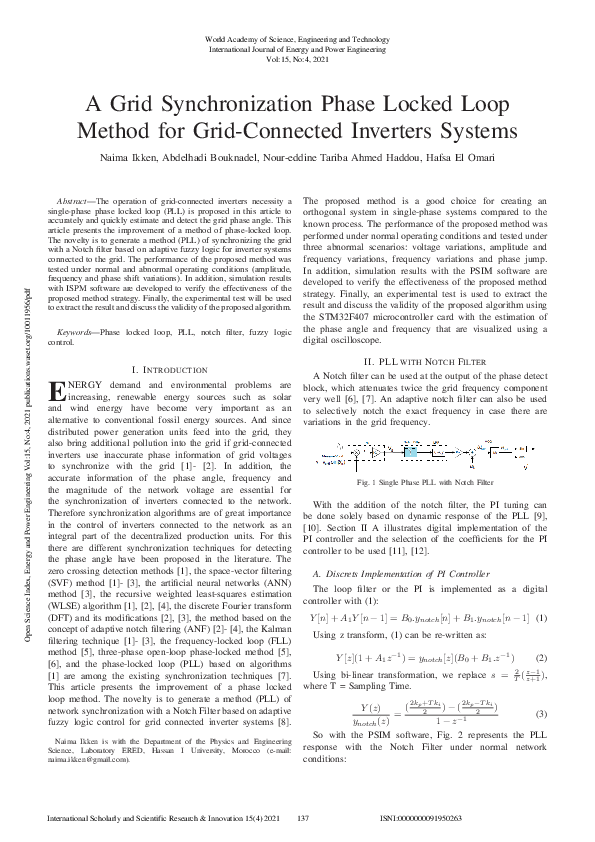 Pdf A Grid Synchronization Phase Locked Loop Method For Grid Connected Inverters Systems